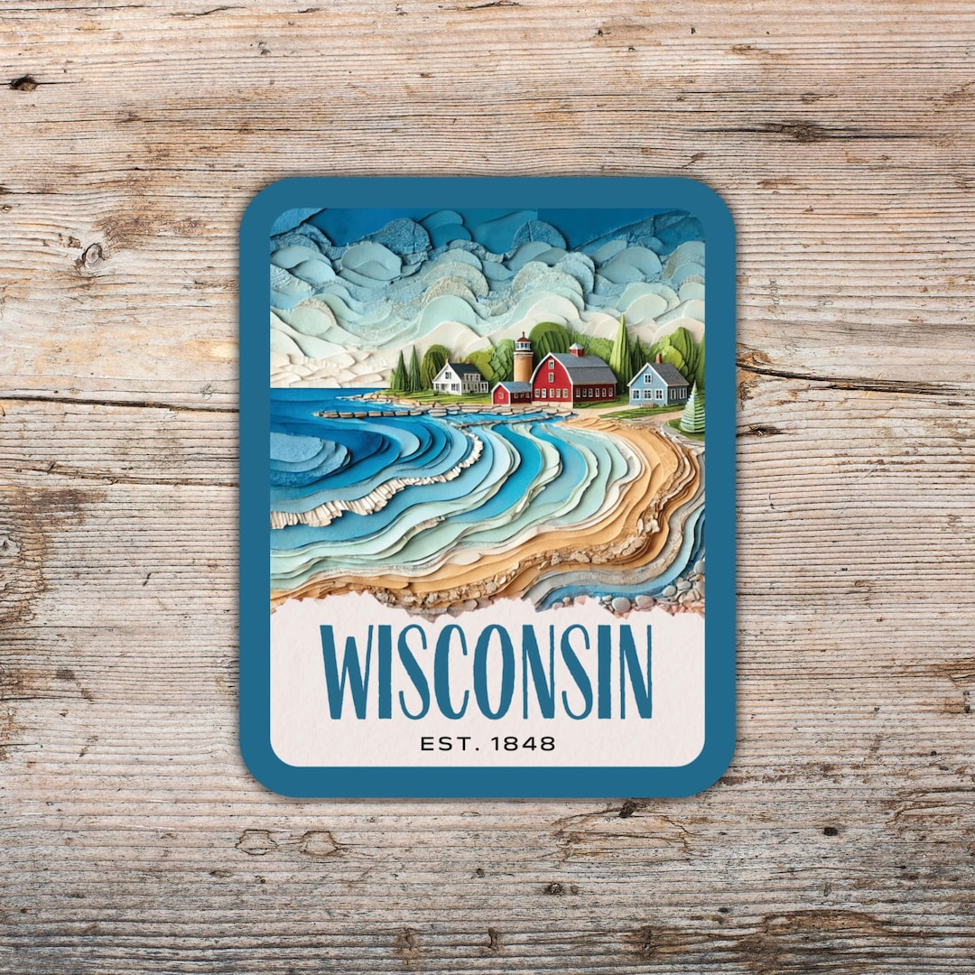 Wisconsin State Paper Collage Art Deco Sticker, Laptop Sticker, Cooler ...