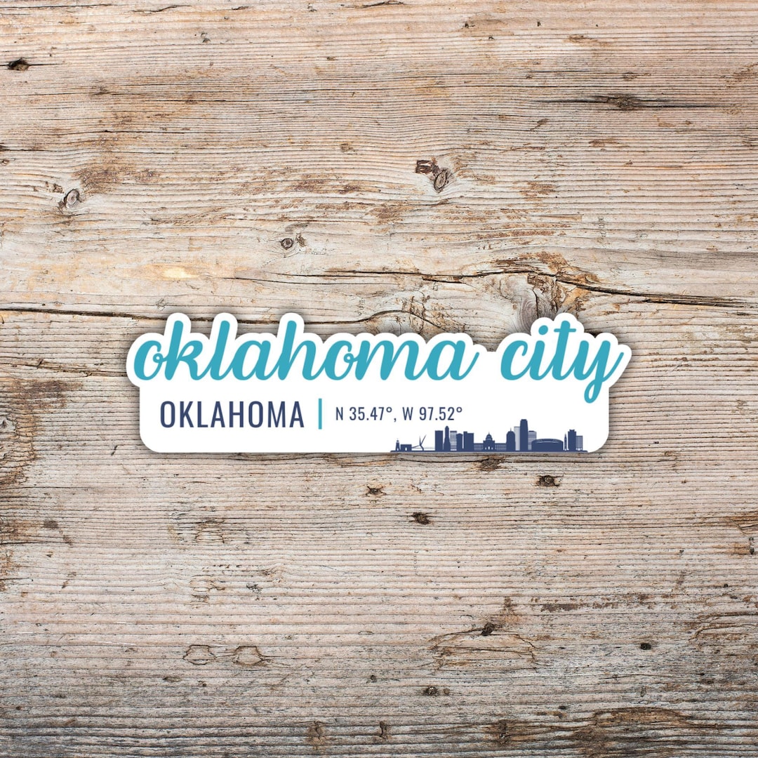 Oklahoma City Sticker, Modern Script Font With Latitude Longitude ...
