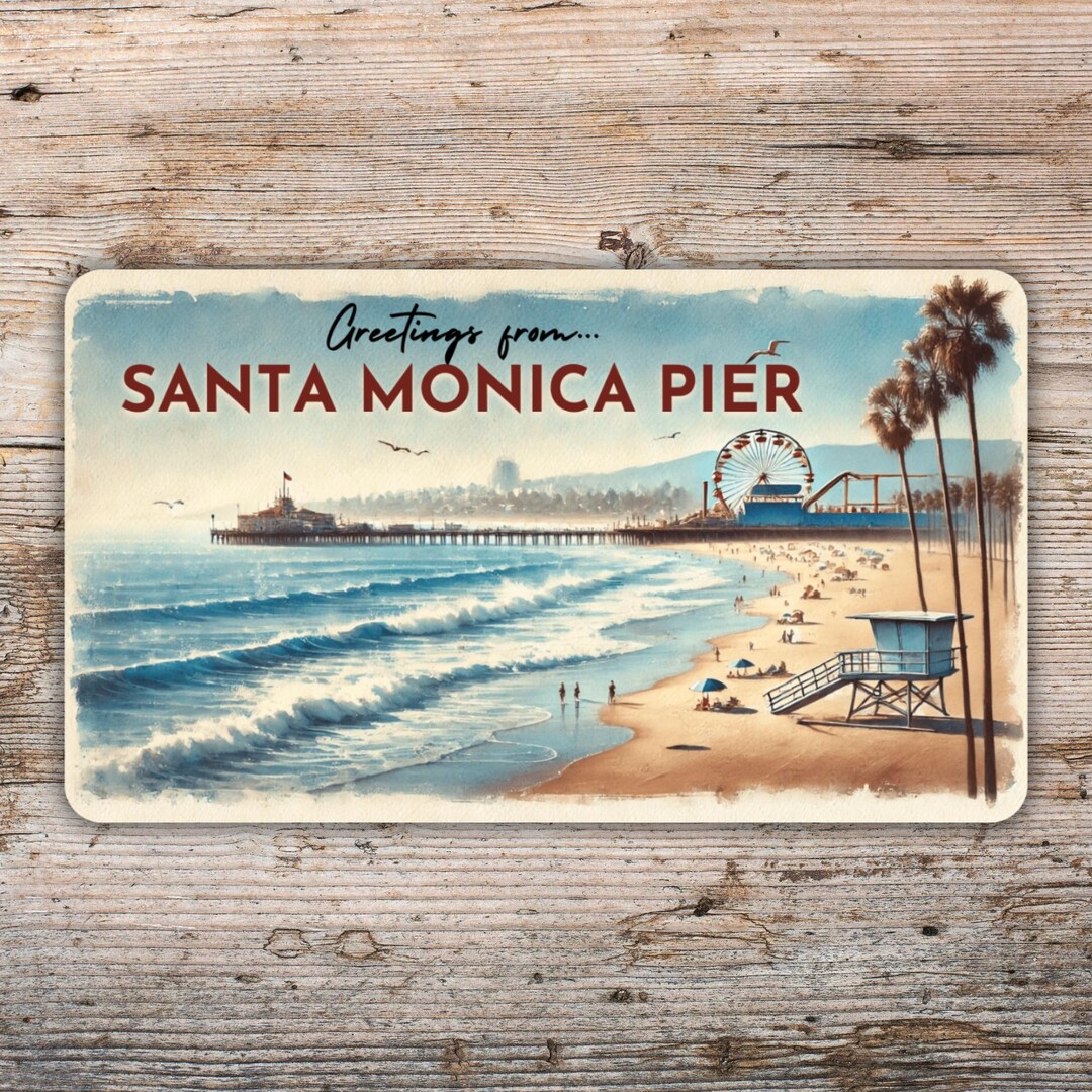 Santa Monica Sticker, Vintage Watercolor Beach Scene, Pier Souvenir - Etsy