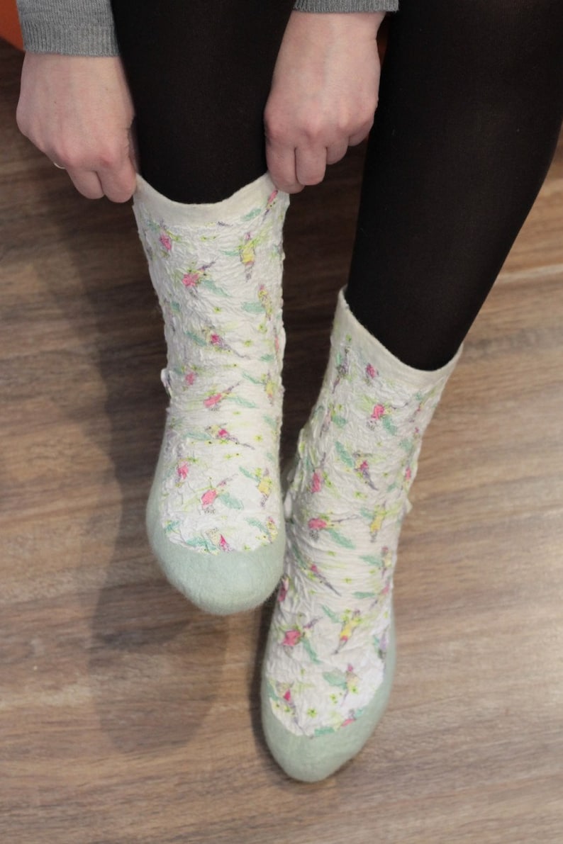 White Felted Socks With Parrot Birds Design, Felt Wool Slippers, Mother ...