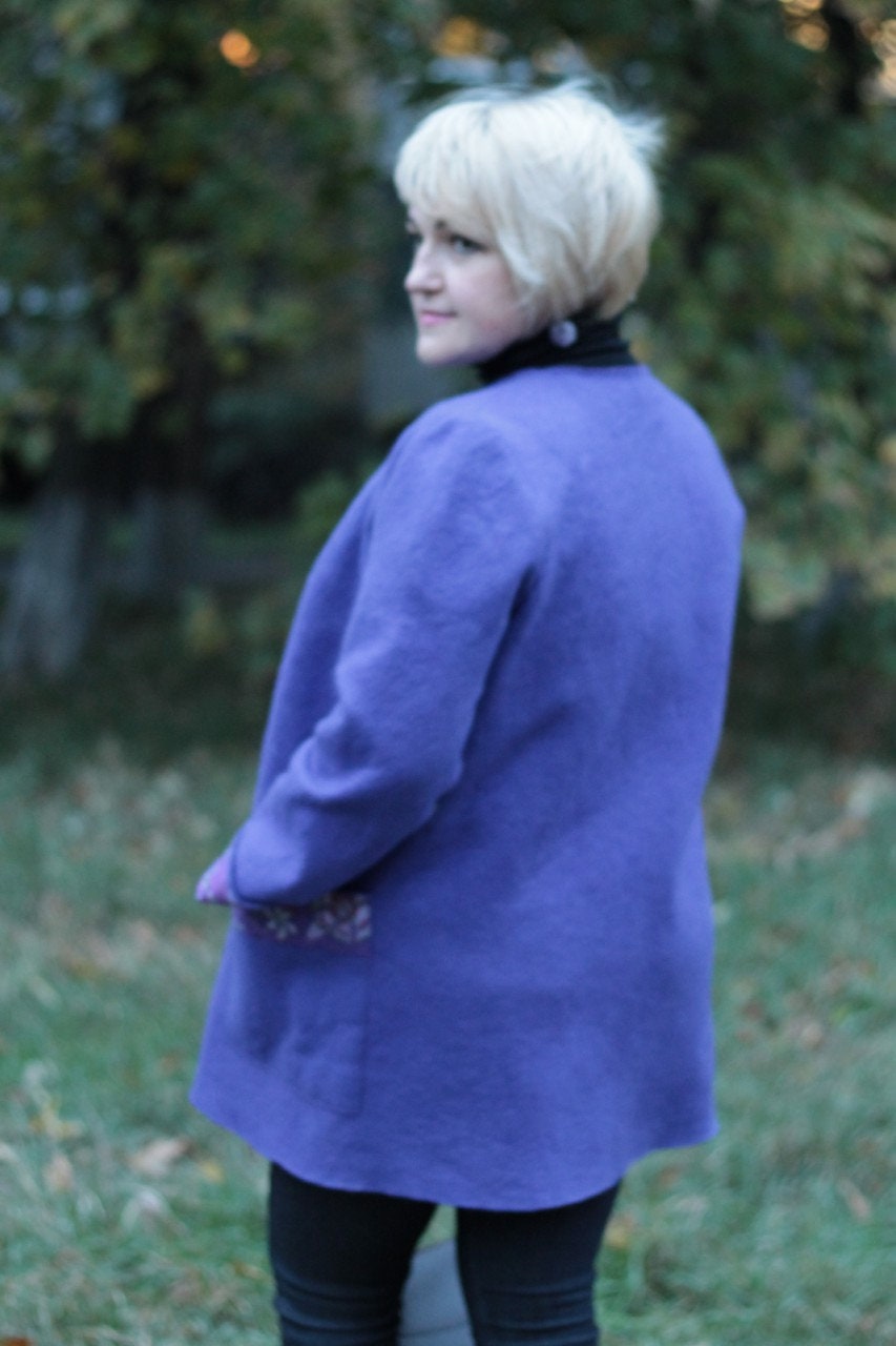 Purple Wool Felt Cardigan With Pink Floral Lining Felted - Etsy