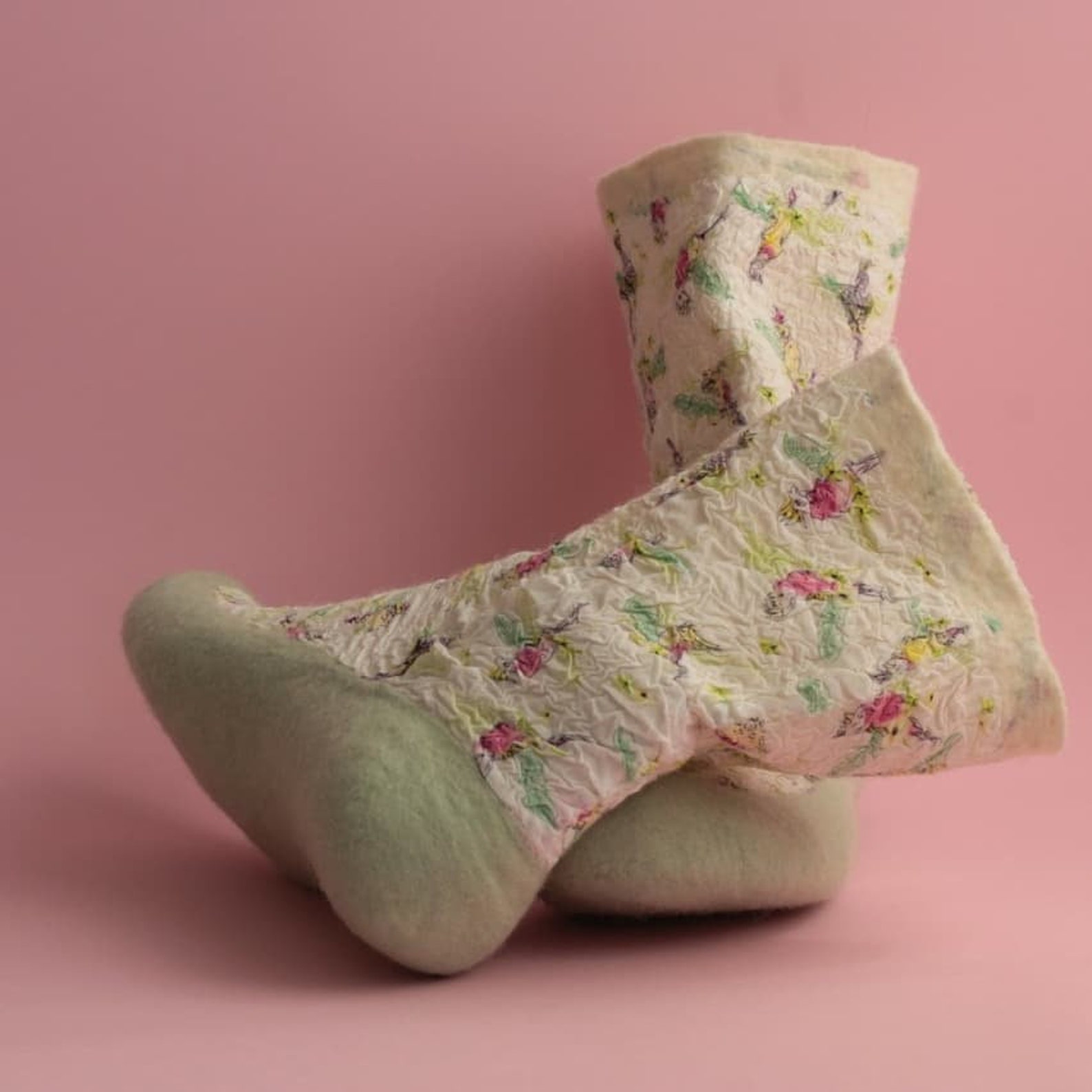 White Felted Socks With Parrot Birds Design, Felt Wool Slippers, Mother ...