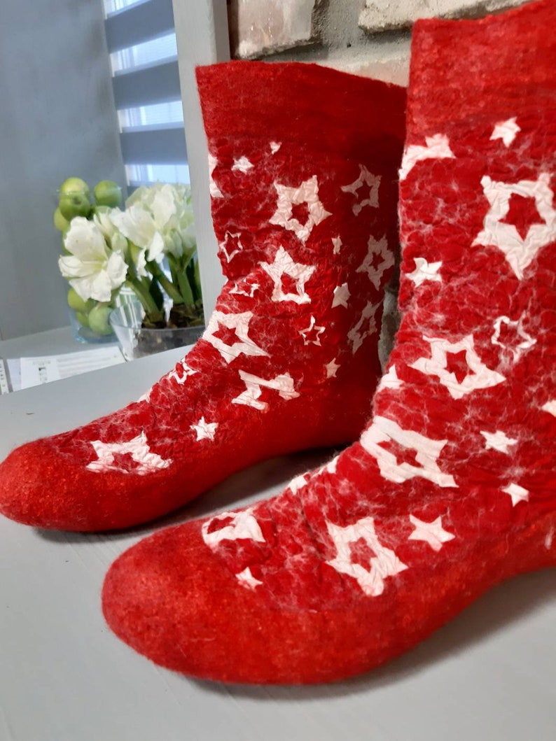 Red Felted Socks With Wait Stars Design, Felt Wool Slippers, Mother ...