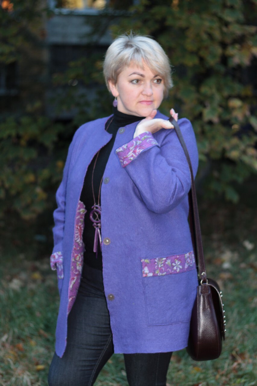 Purple Wool Felt Cardigan With Pink Floral Lining Felted - Etsy