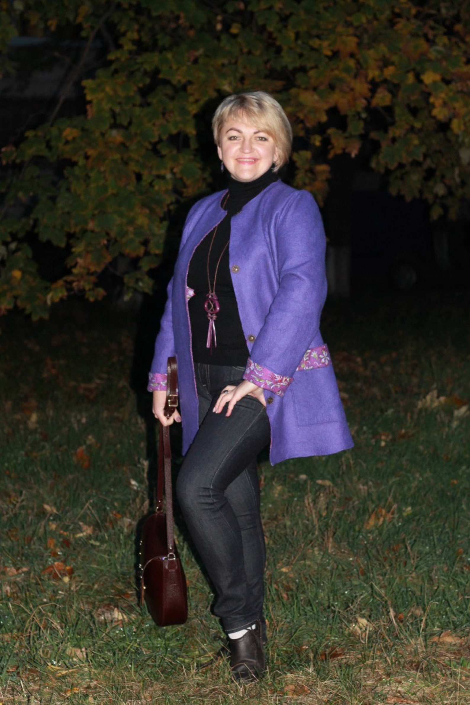 Purple Wool Felt Cardigan With Pink Floral Lining, Felted Jacket, Women ...