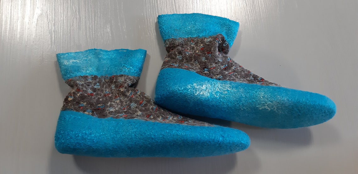 Blue Felted Socks, Felt Wool Slippers, Mother Birthday Gift, Funny Warm ...