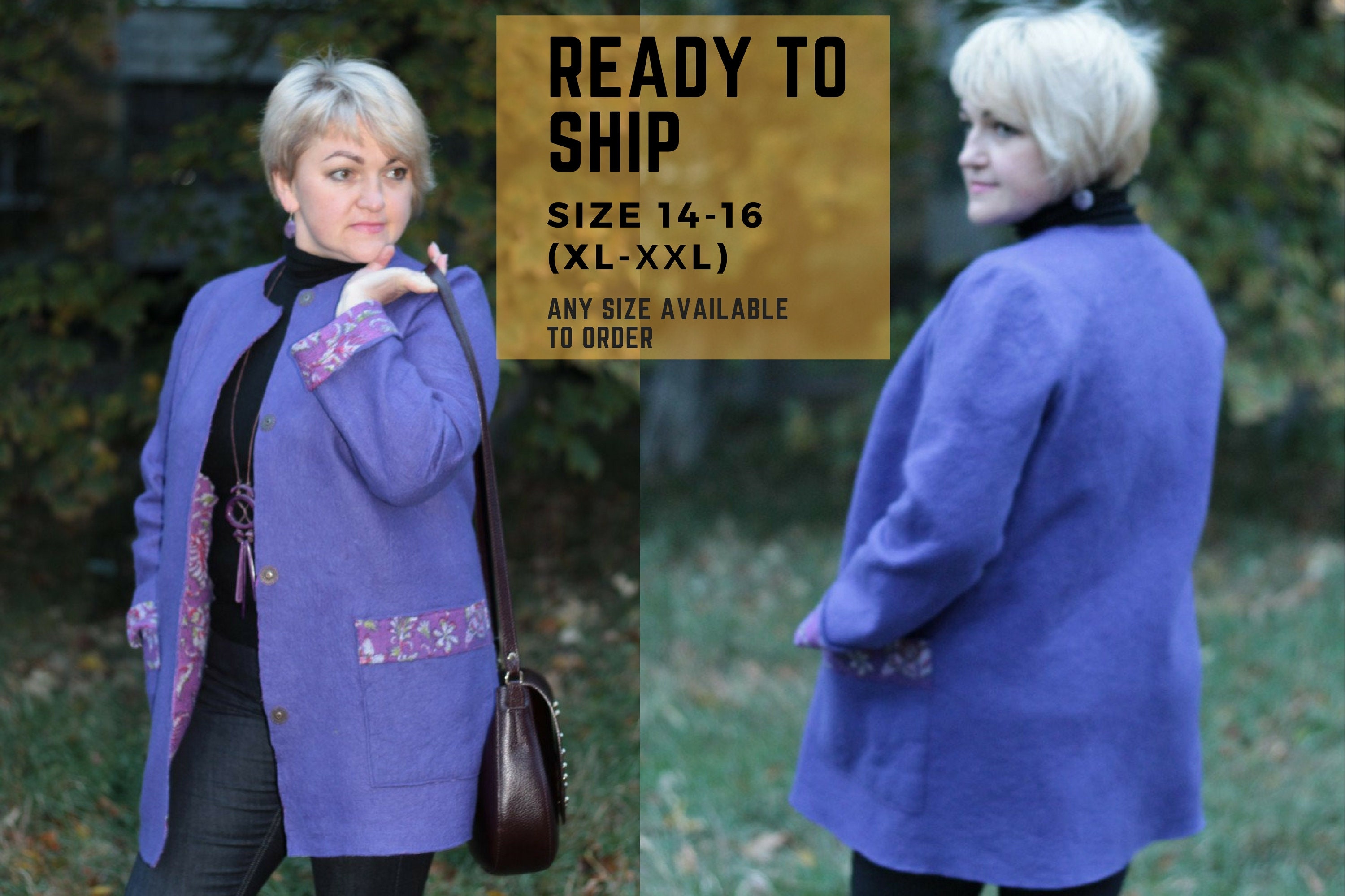 Purple Wool Felt Cardigan With Pink Floral Lining, Felted Jacket, Women ...