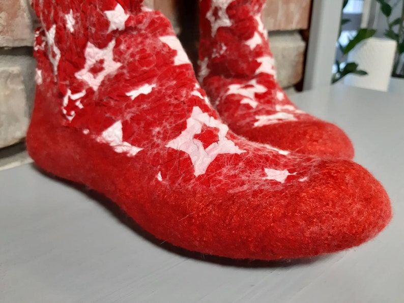 Red Felted Socks With Wait Stars Design, Felt Wool Slippers, Mother ...