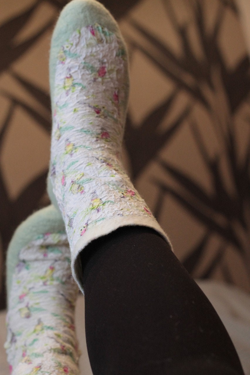 White Felted Socks With Parrot Birds Design, Felt Wool Slippers, Mother ...