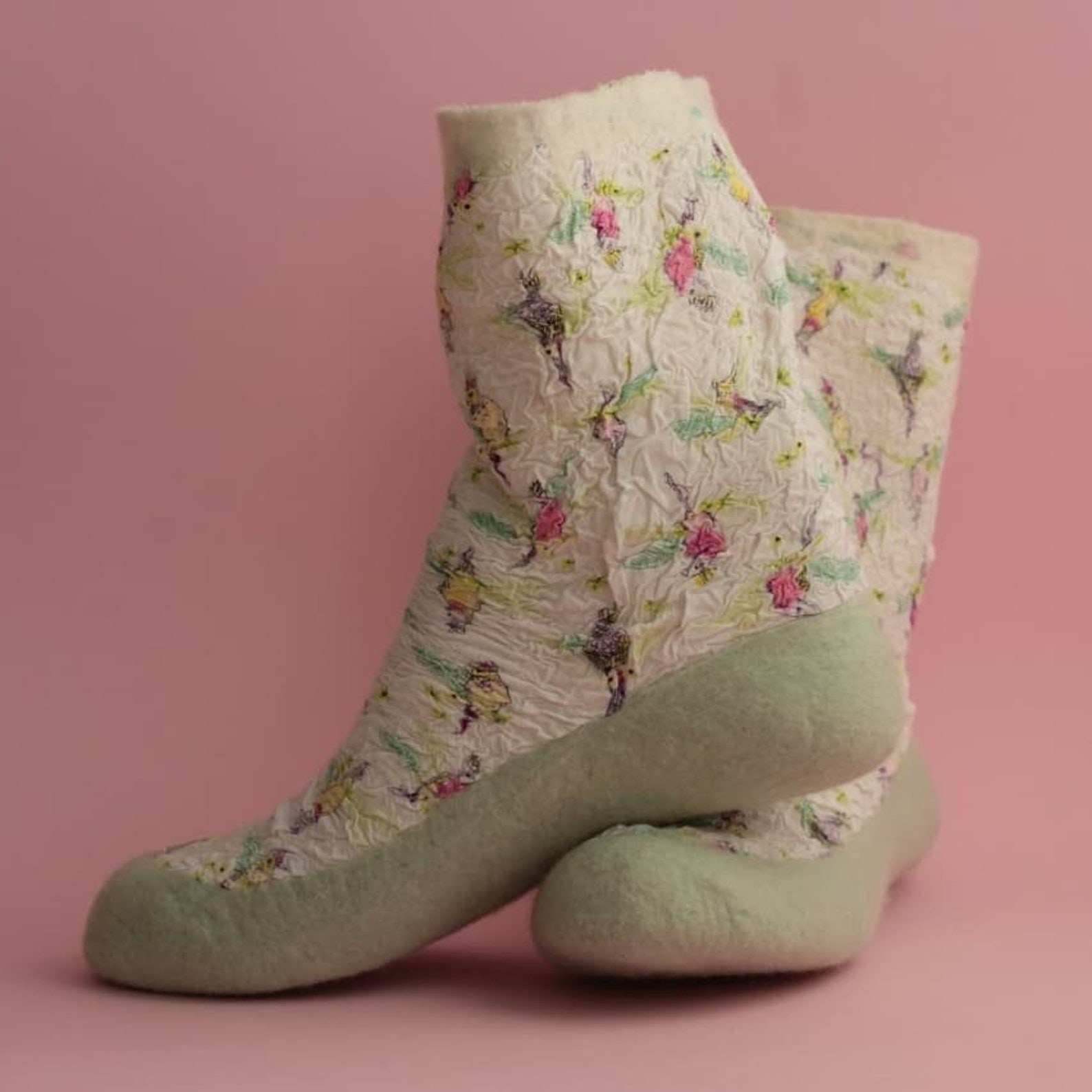 White Felted Socks With Parrot Birds Design, Felt Wool Slippers, Mother ...