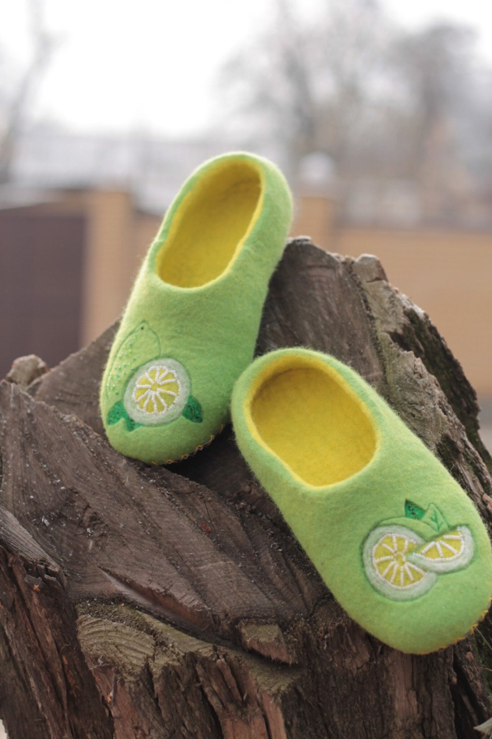 Green Felted Organic Wool Slippers With Lemon Embroidery, Women Warm ...