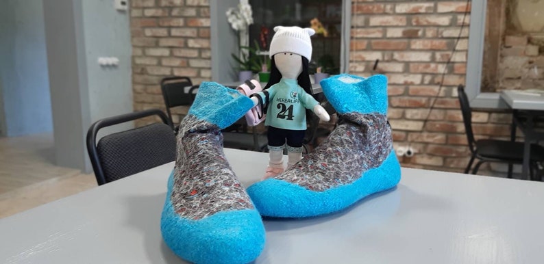 Blue Felted Socks, Felt Wool Slippers, Mother Birthday Gift, Funny Warm ...