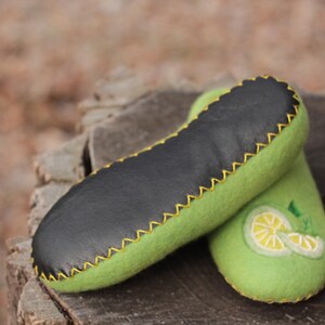 Green Felted Organic Wool Slippers With Lemon Embroidery, Women Warm ...