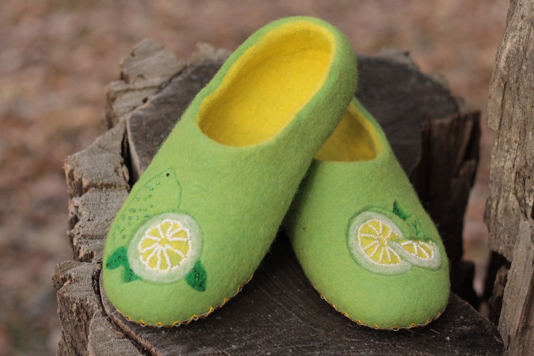 Green Felted Organic Wool Slippers With Lemon Embroidery, Women Warm ...