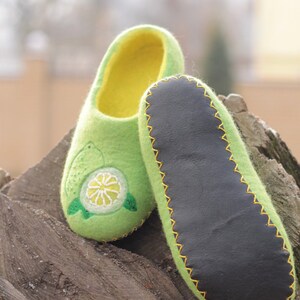 Green Felted Organic Wool Slippers With Lemon Embroidery, Women Warm ...