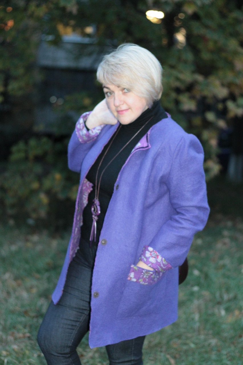 Purple Wool Felt Cardigan With Pink Floral Lining, Felted Jacket, Women ...