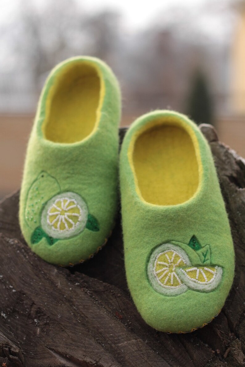 Green Felted Organic Wool Slippers With Lemon Embroidery, Women Warm ...