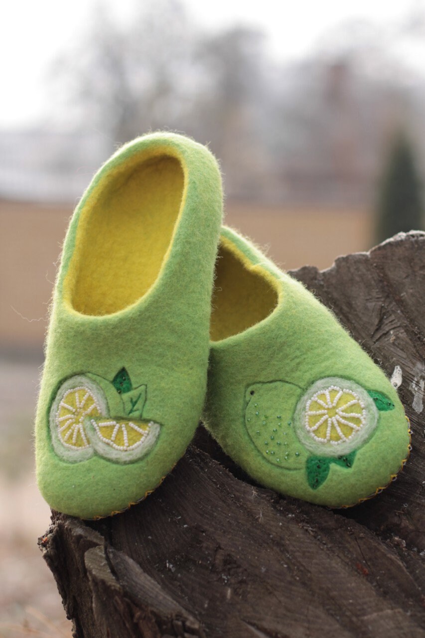 Green Felted Organic Wool Slippers With Lemon Embroidery, Women Warm ...
