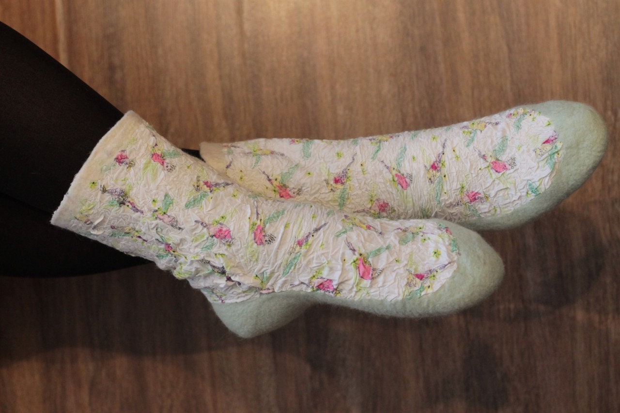 White Felted Socks With Parrot Birds Design Felt Wool - Etsy