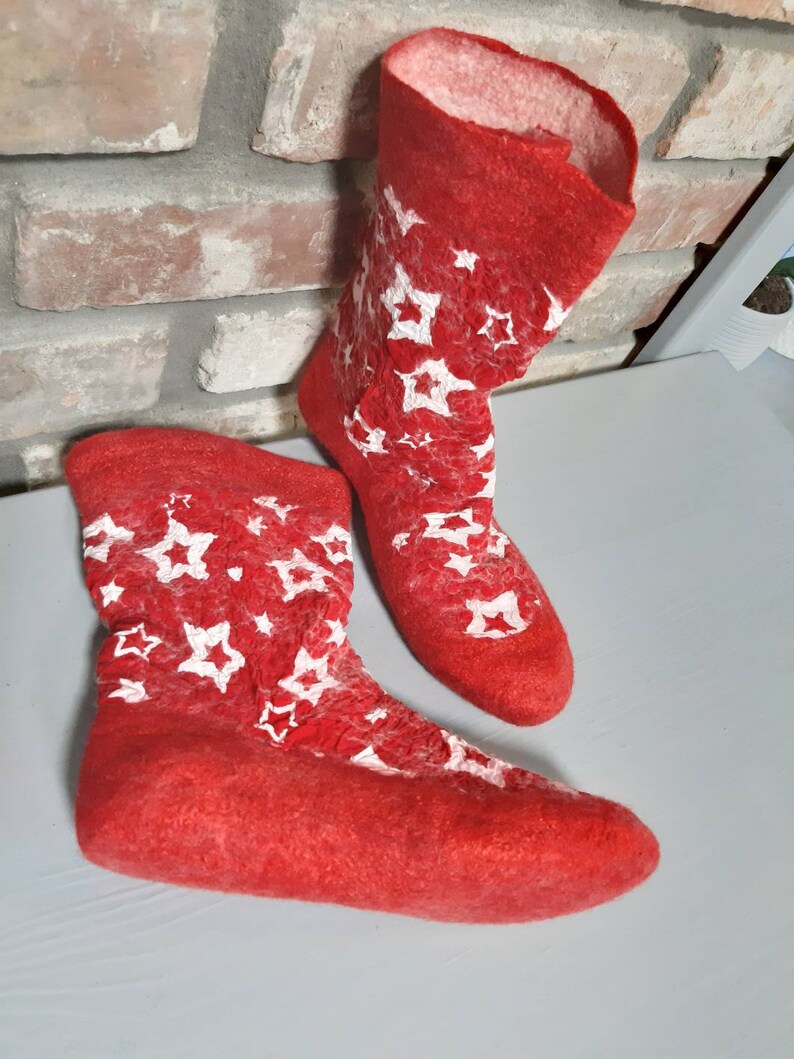 Red Felted Socks With Wait Stars Design, Felt Wool Slippers, Mother ...