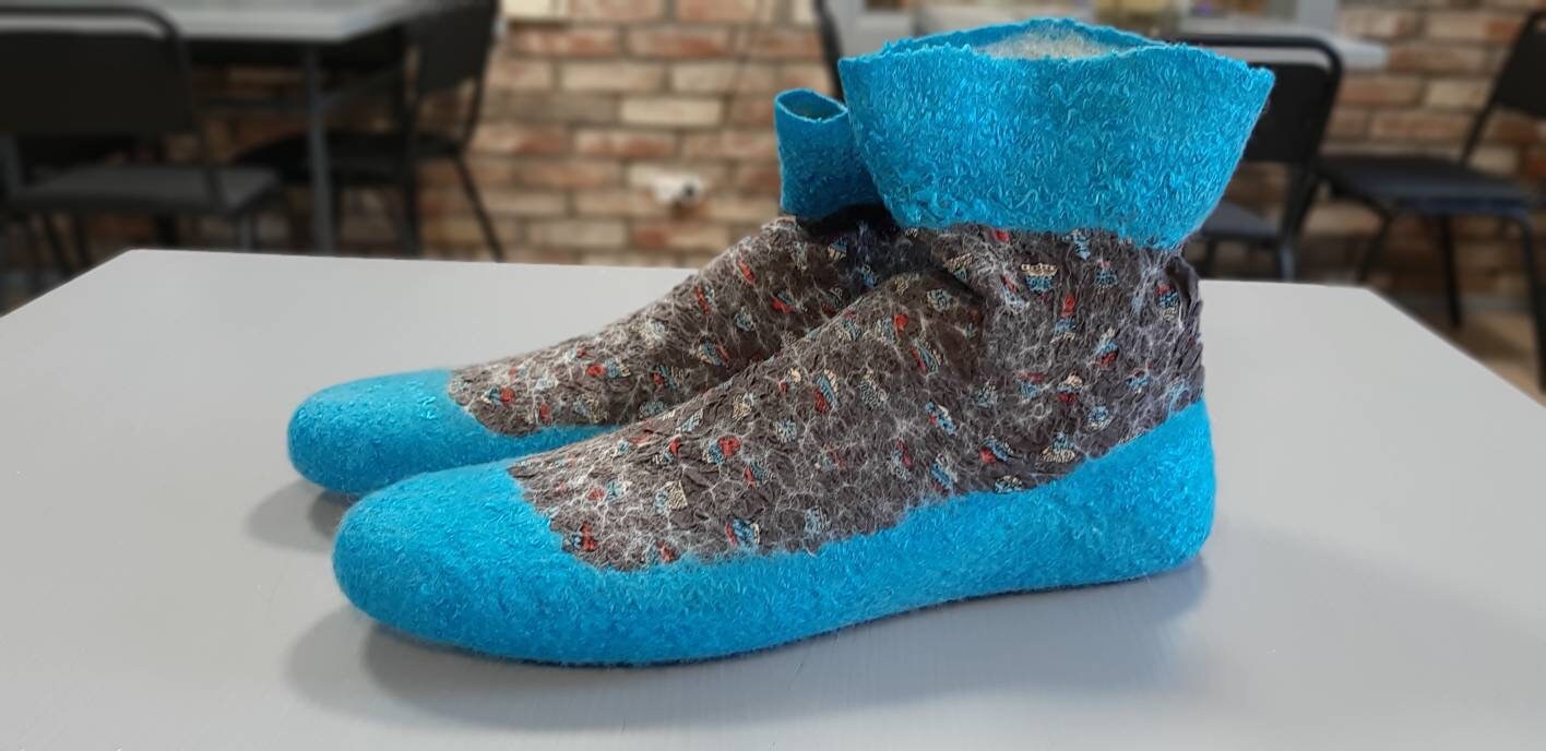 Blue Felted Socks, Felt Wool Slippers, Mother Birthday Gift, Funny Warm ...