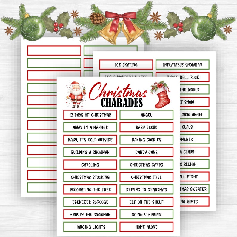 Christmas Charades Game Set, Printable Charades Cards for Holiday Party ...