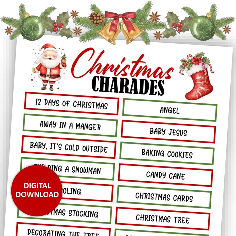 Christmas Charades Game Set, Printable Charades Cards for Holiday Party ...