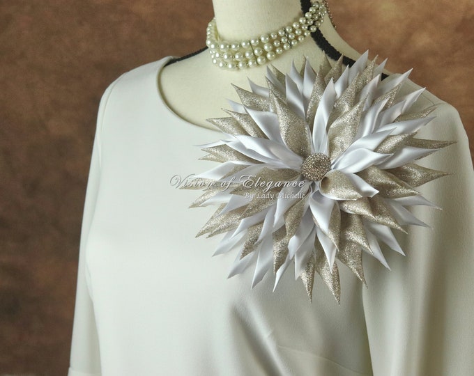 Flower Brooch / Shoulder Brooch / White and Gold Flower Pin / - Etsy
