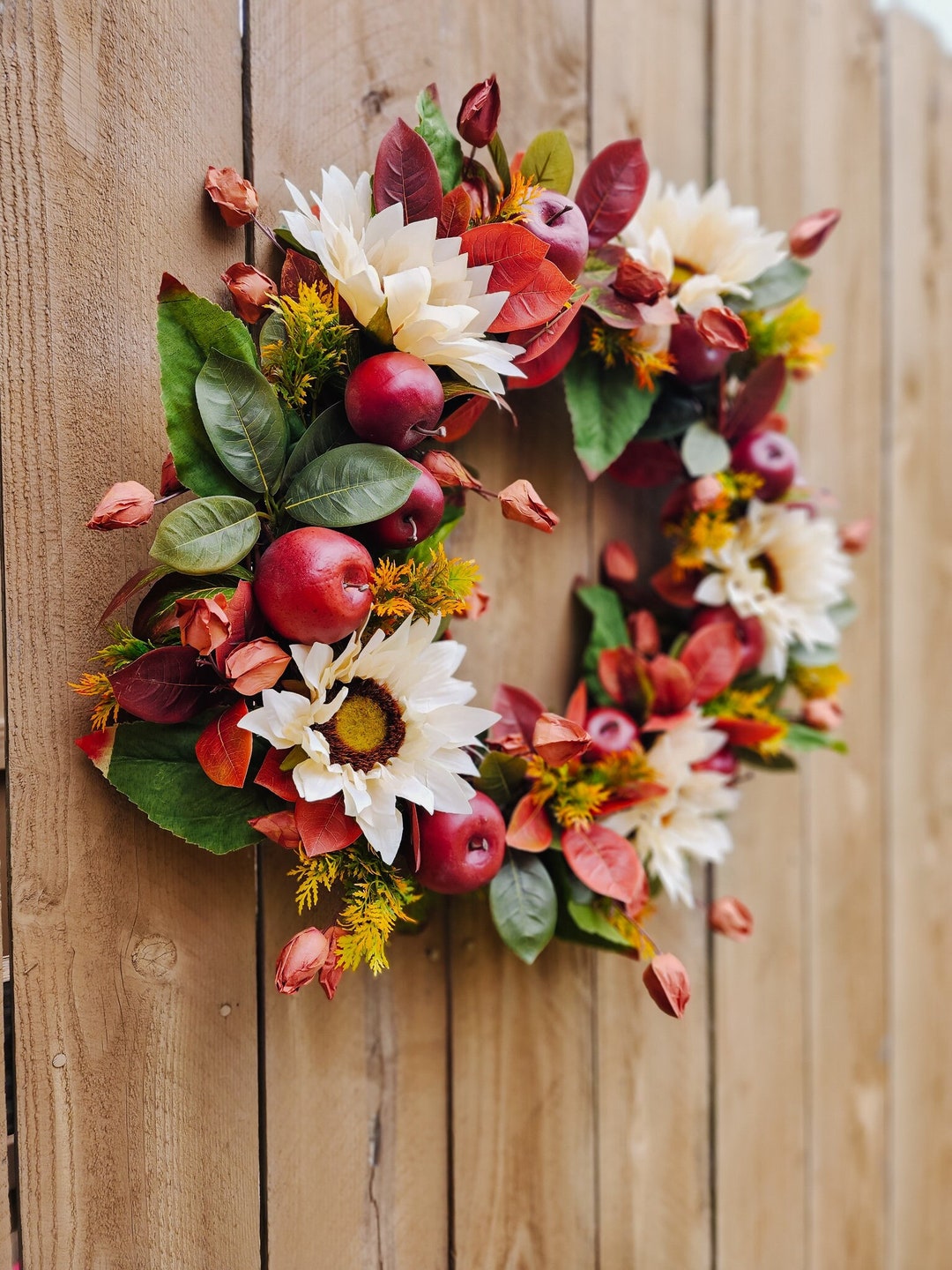 Apple Wreath, Fall Sunflower Wreath, Fruit Wreath for Front Door - Etsy