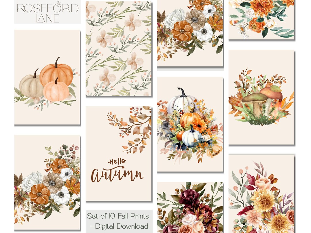Fall Watercolor Wall Art Set of 10 – Autumn Printable Art, Cozy Harvest ...