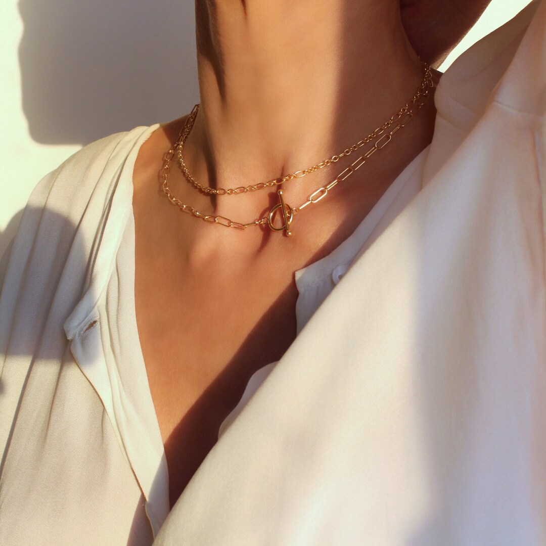 14k Gold Toggle Choker Gold Toggle Necklace Double Strand - Etsy UK