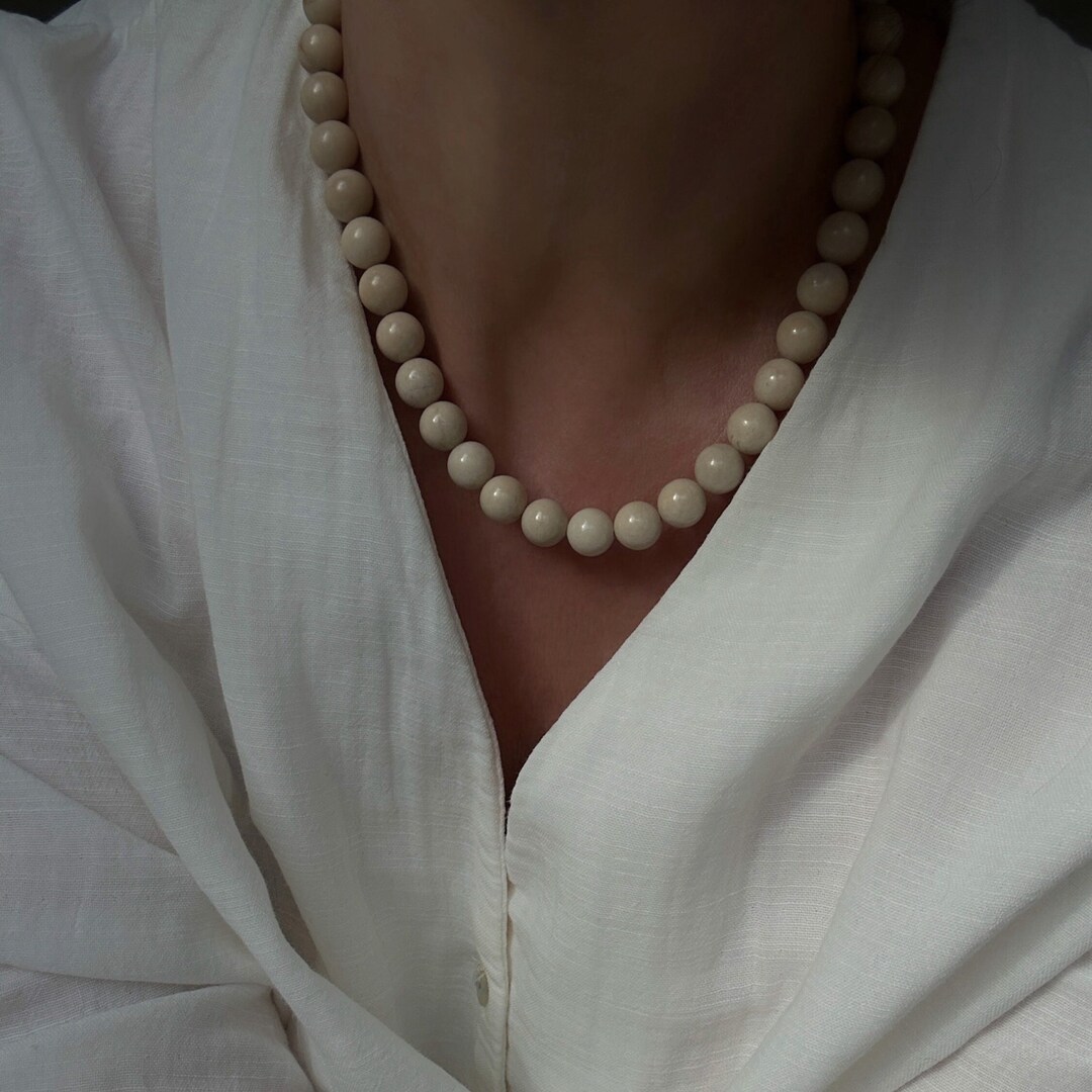 River Stone Bead Necklace, Cream Bead Necklace, 10mm Beaded Necklace ...