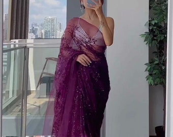 Purple Color Mono Net Saree, Embroidery Work Saree, Party Wear ...