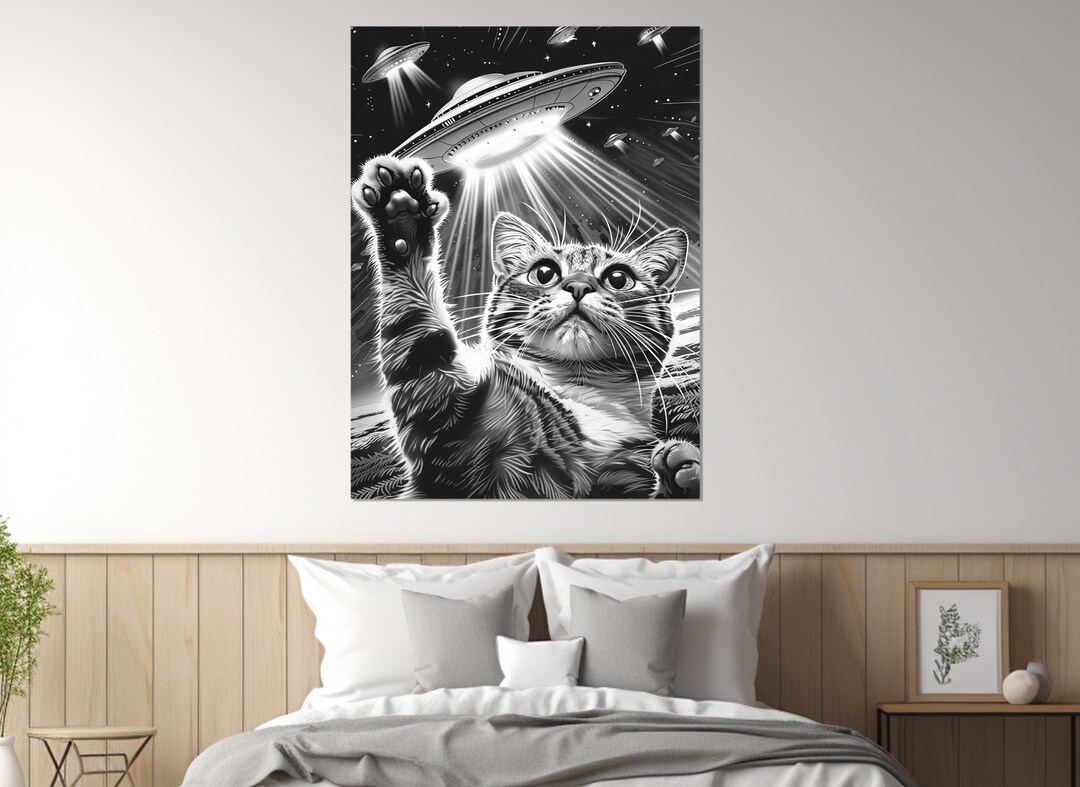 Cat Selfie With UFO and Aliens Painting Canvas Print, Funny Cats Wall ...
