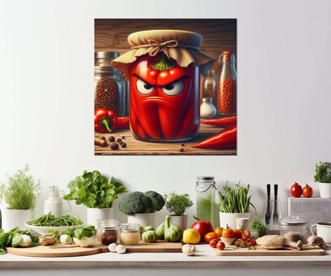 Kitchen Wall Decor, Angry Pickled Pepper in a Jar Canvas Print, Kitchen ...