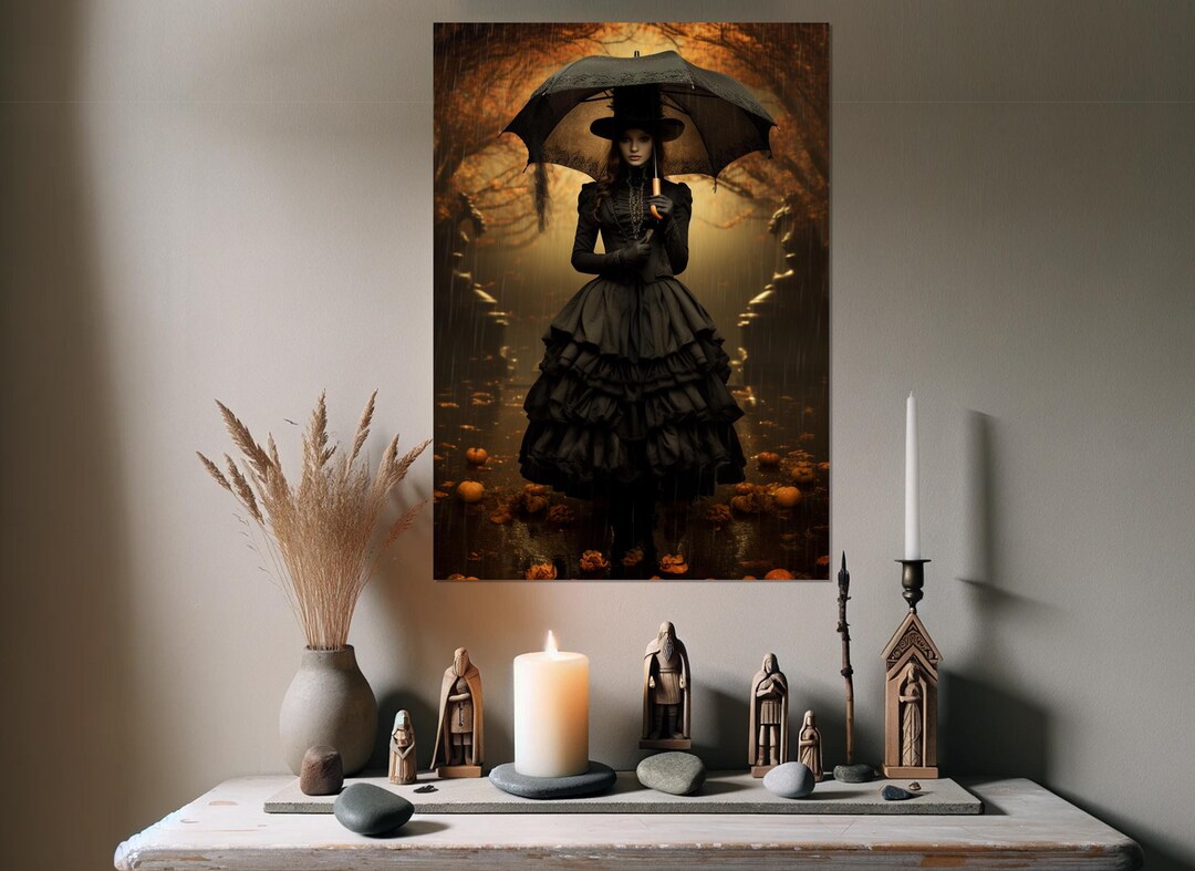 Victorian Witch in the Rain Under Umbrella Painting Canvas Print ...