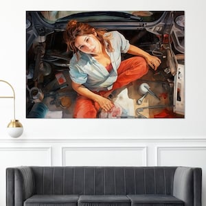 Retro Style Mechanic Woman Painting Canvas Print, Workshop Wall Decor ...