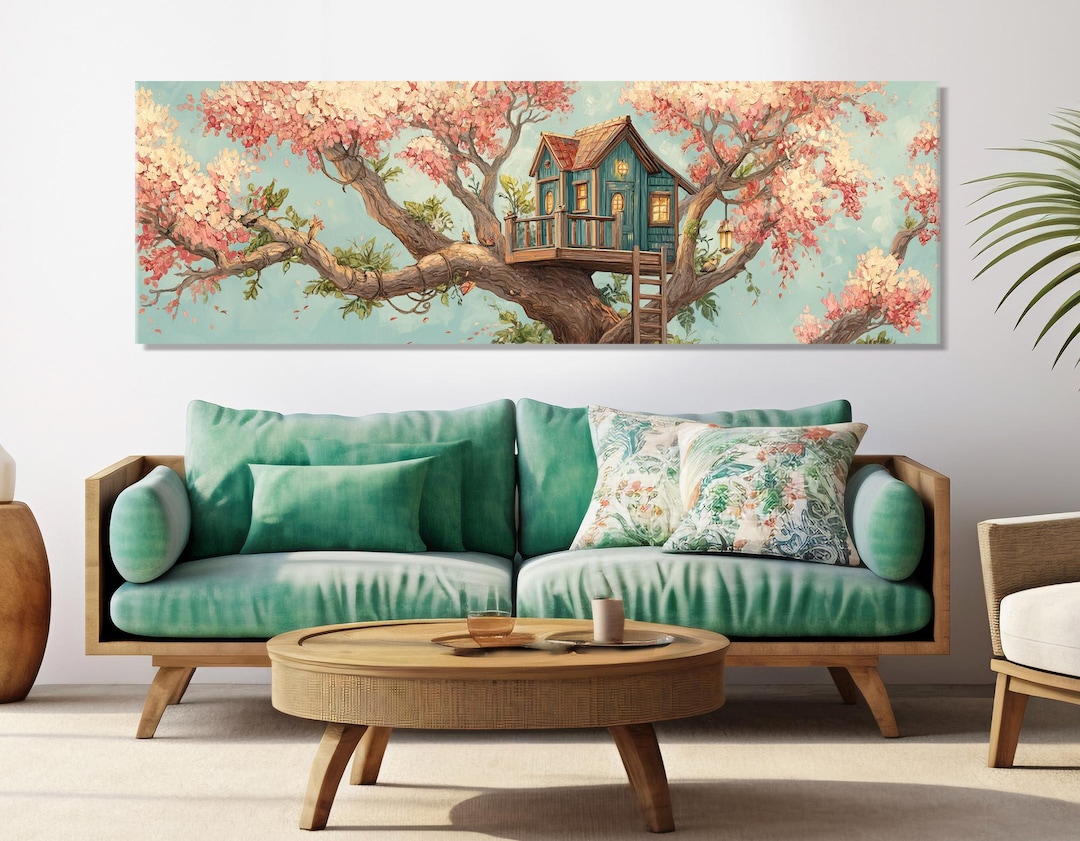 Whimsical Treehouse on Blooming Tree Canvas Print, Summer Wall Art ...