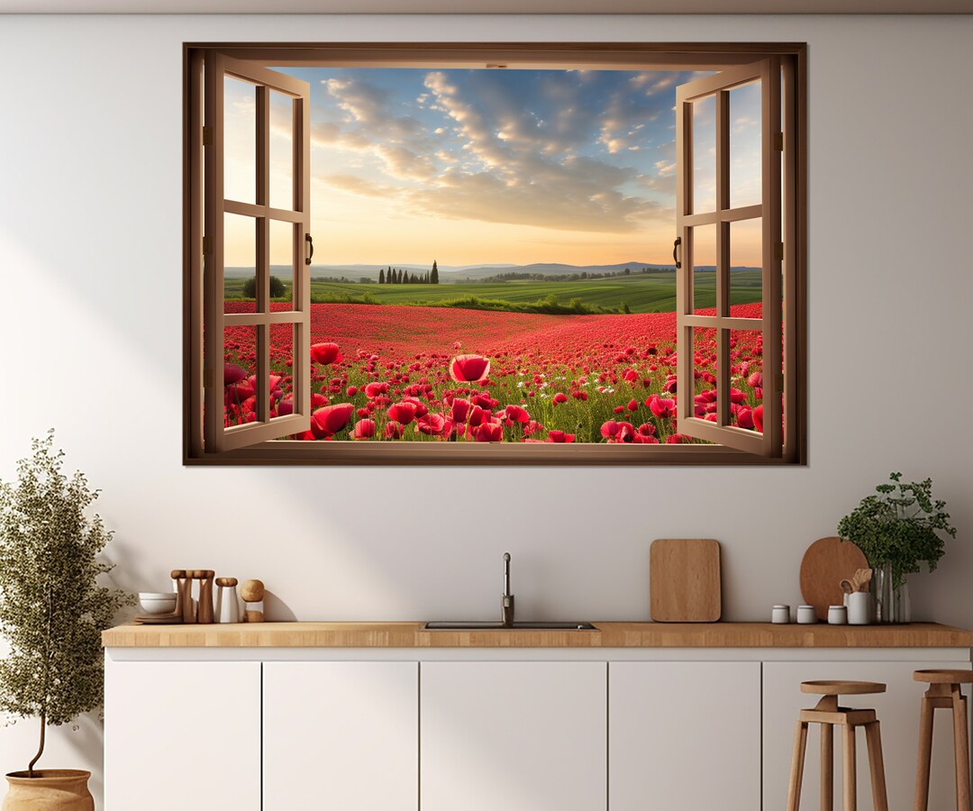 Open Window With Poppy Field View Painting Canvas Print, Faux Window ...