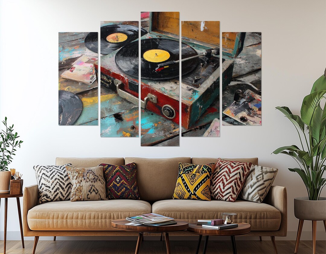 Retro Record Player Wall Art, Vintage Turntable Painting, Music Room ...