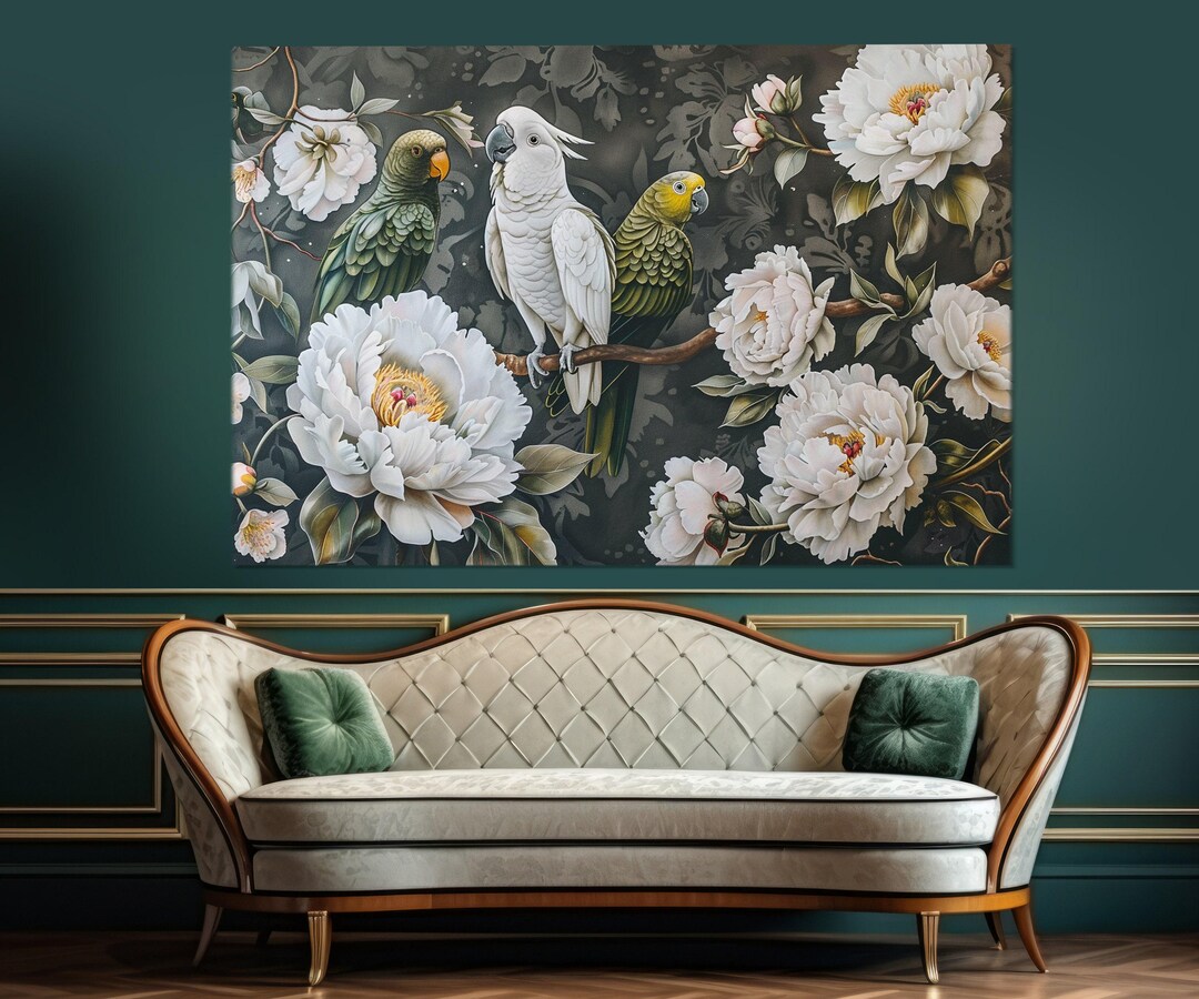 Abstract Parrots in Flowers Canvas Print, Exotic Birds Wall Art, Framed ...
