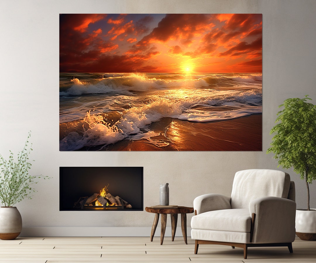 Ocean Red Sunset Painting Canvas Print, Ocean Wall Art, Scenic Beach ...