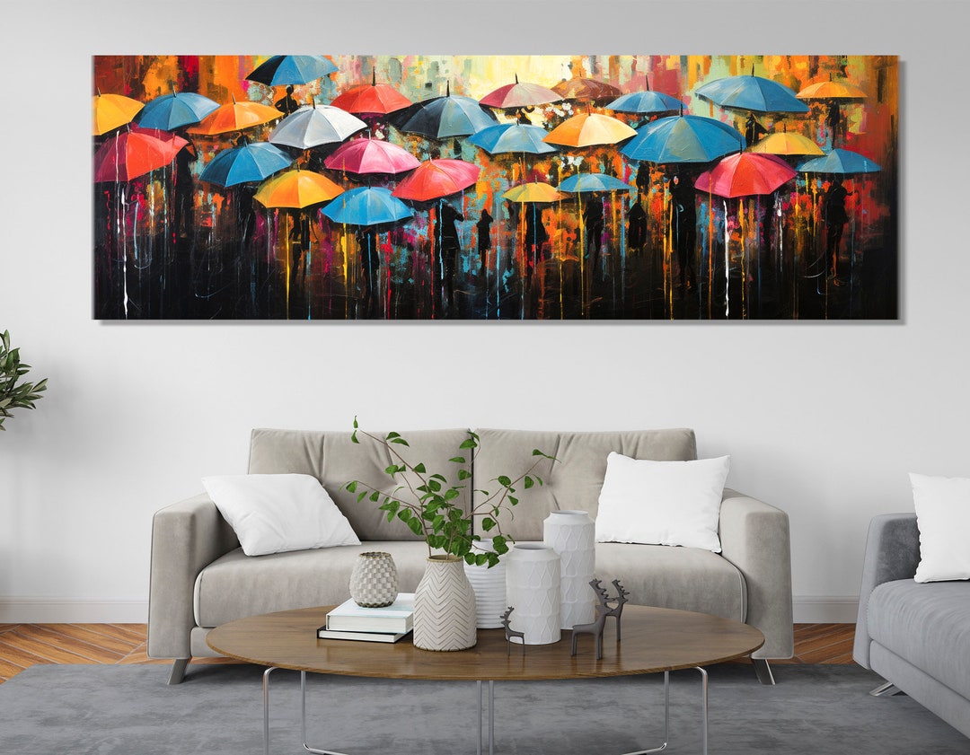 Abstract Umbrellas Painting Canvas Print, Abstract Wall Decor, Wide Canvas Art, Abstract Rainy ...
