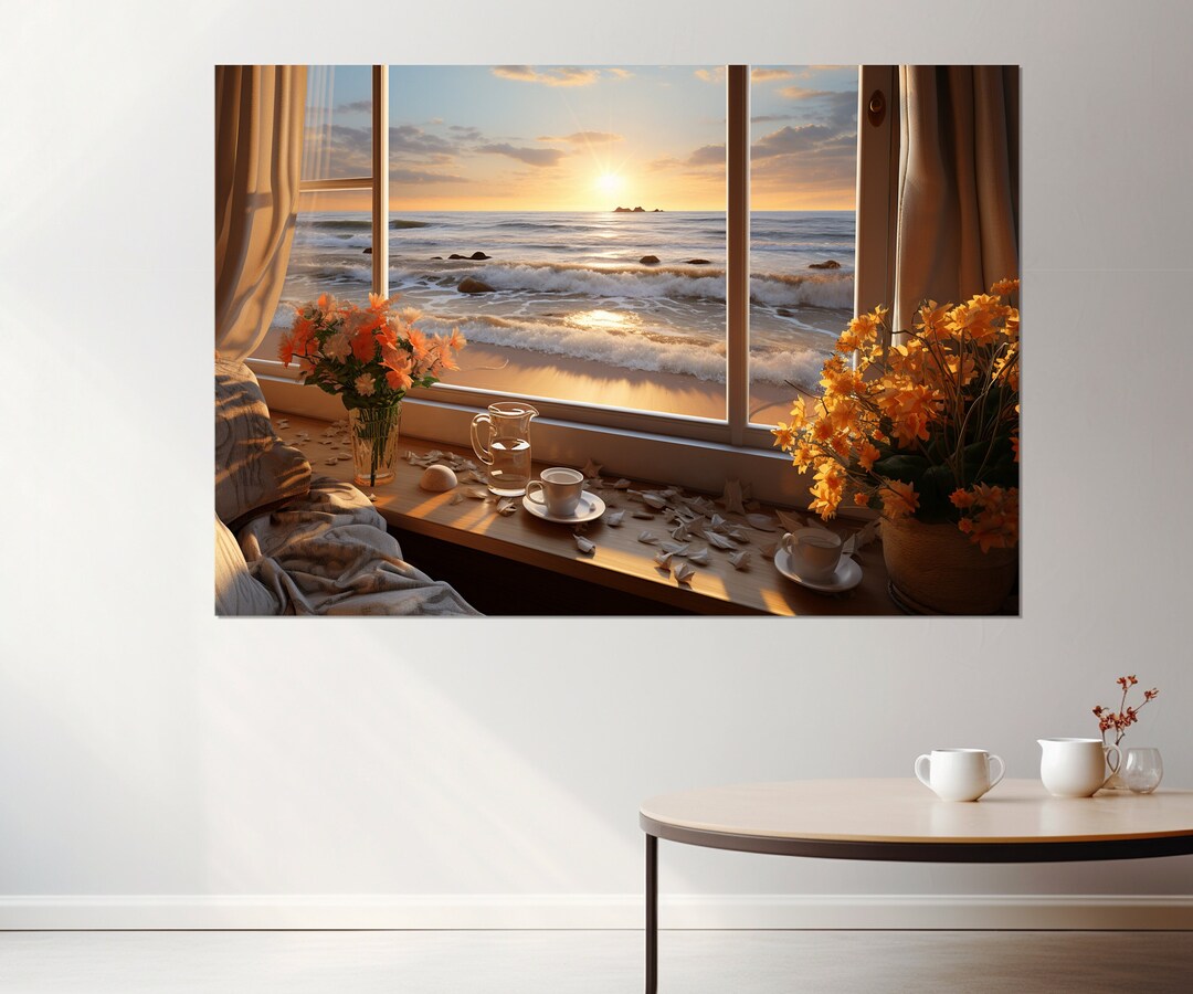 Ocean Waves From Window Painting Canvas Print, Scenic Sea View Canvas ...