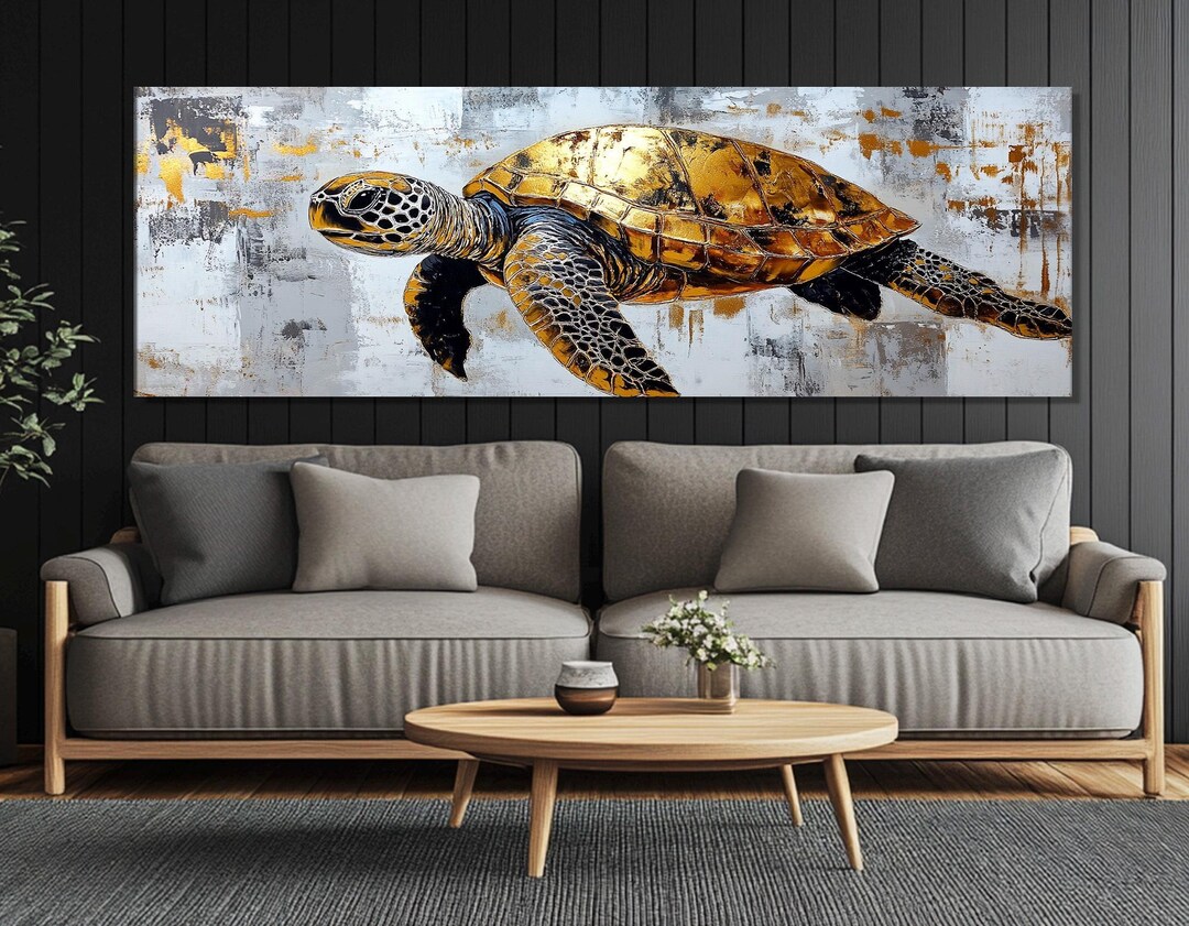 Golden Sea Turtle Abstract Canvas Print, Fashion Style Animals Wall Art ...
