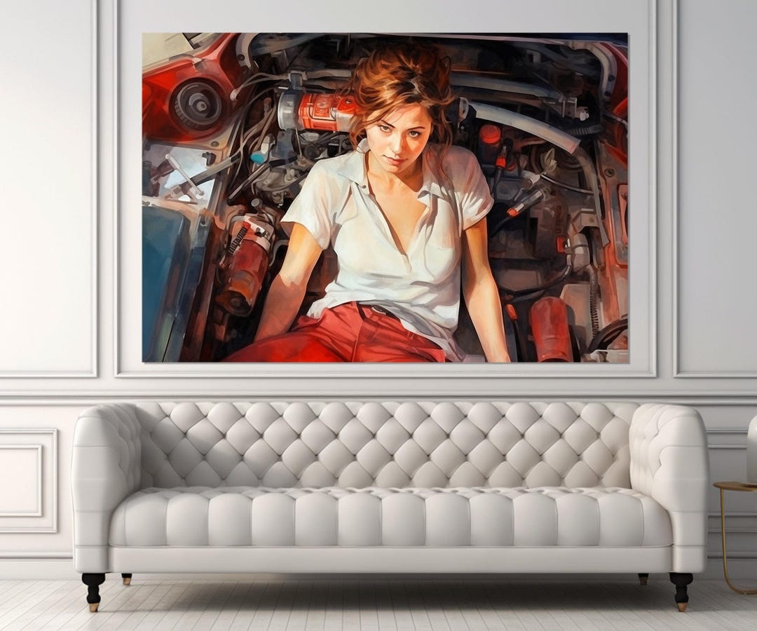Mechanic Woman Retro Painting Canvas Print, Workshop Wall Decor ...