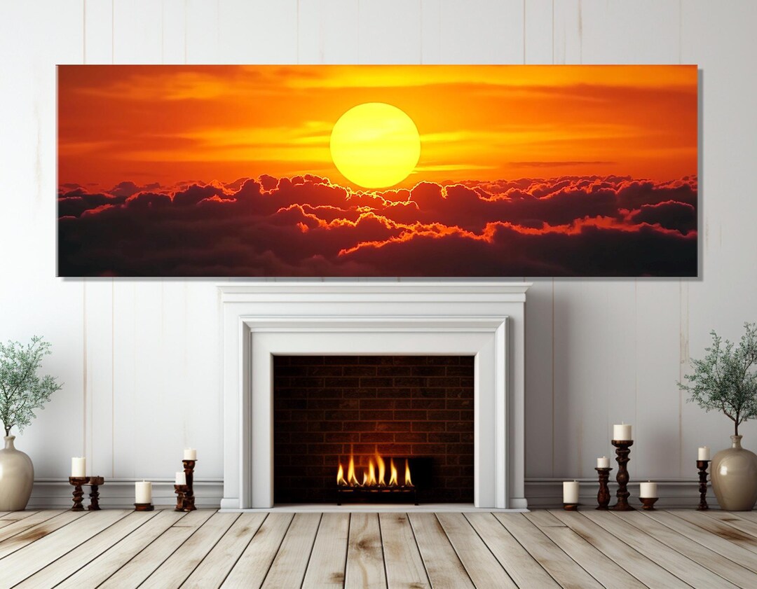 Scenic Sun Over Clouds Canvas Print, Cinematic Sunset Painting, Large ...