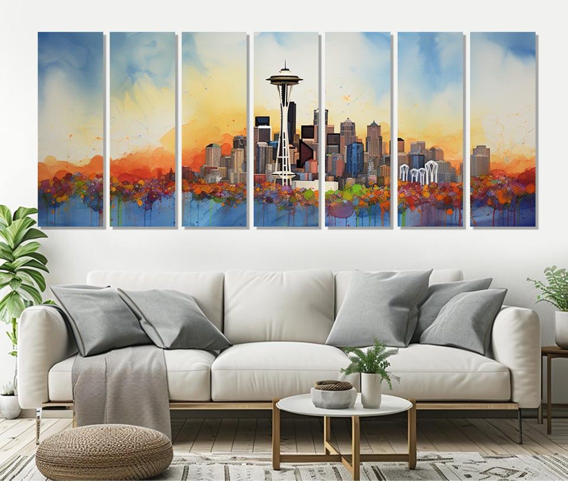 Abstract Seattle Panoramic Canvas Print, Seattle Painting, Large ...