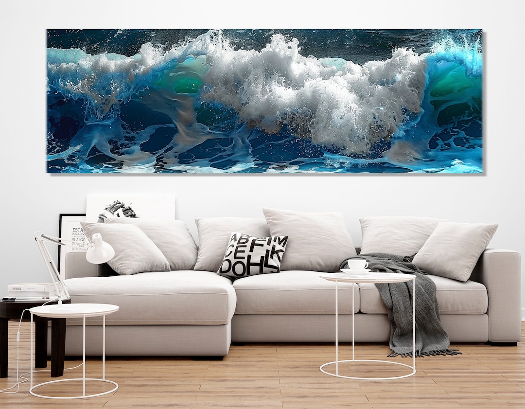 Deep Blue Ocean Waves Painting Canvas PRINT, Panoramic Wall Art ...