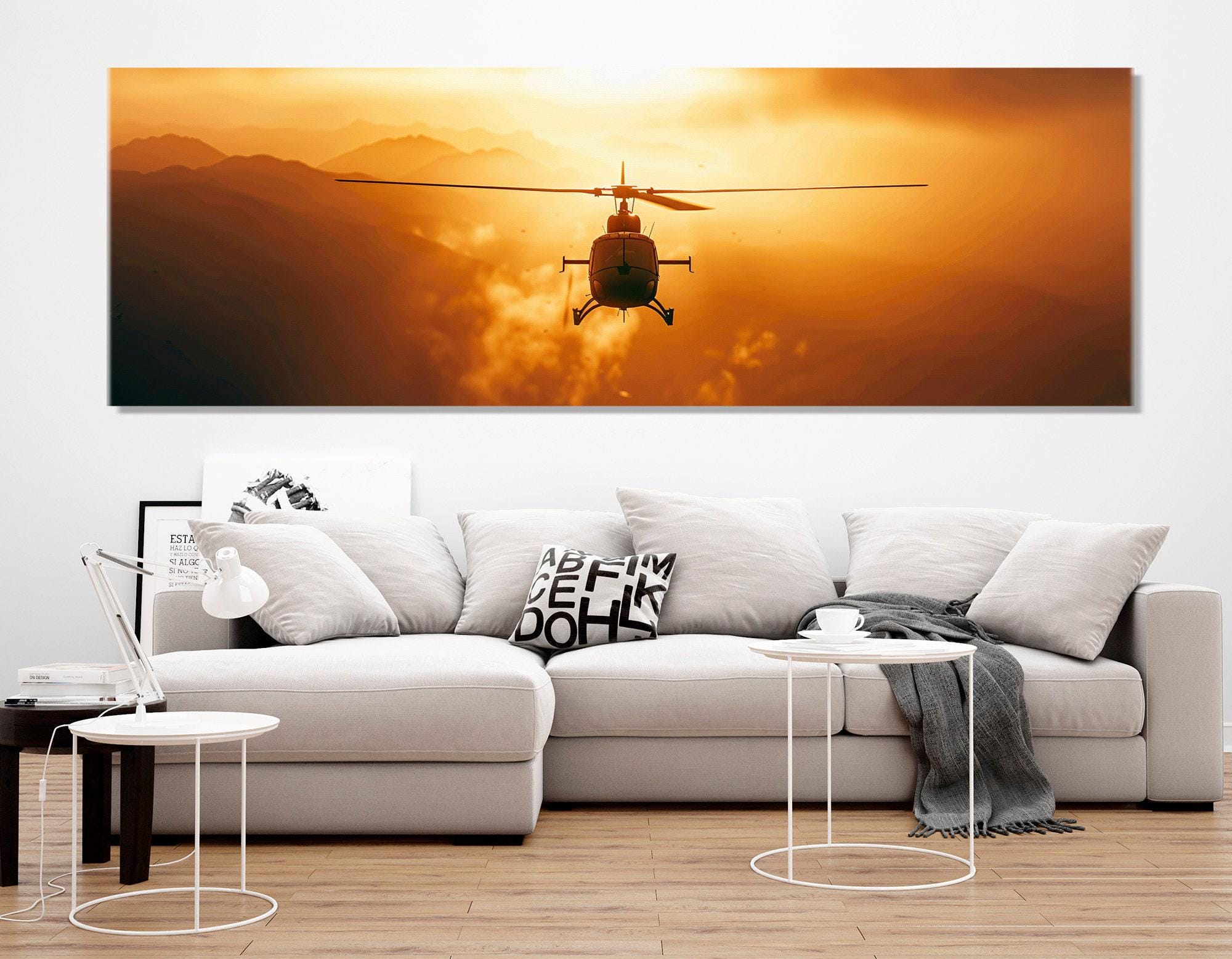 Helicopter Panoramic Canvas Print, Helicopter on Sunset Poster ...